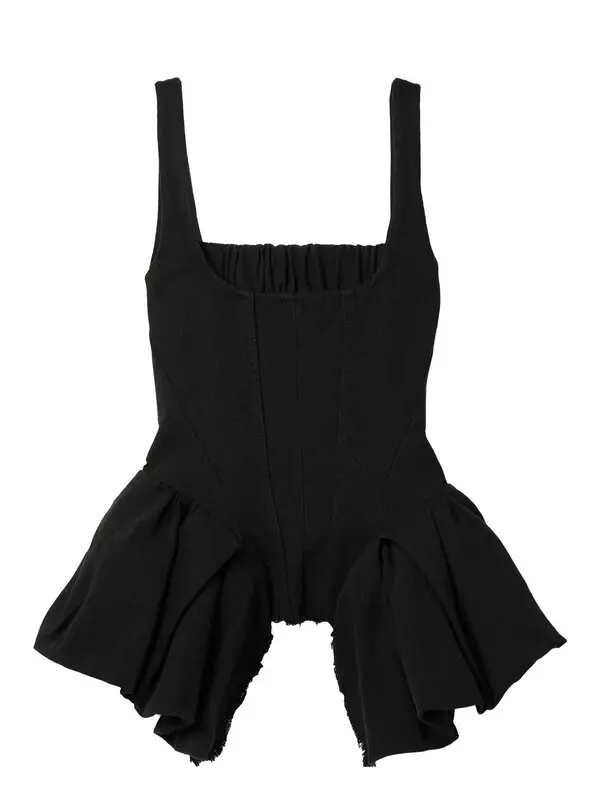 MARQUES' ALMEIDA Frayed Ruffled Denim Peplum Top - Black