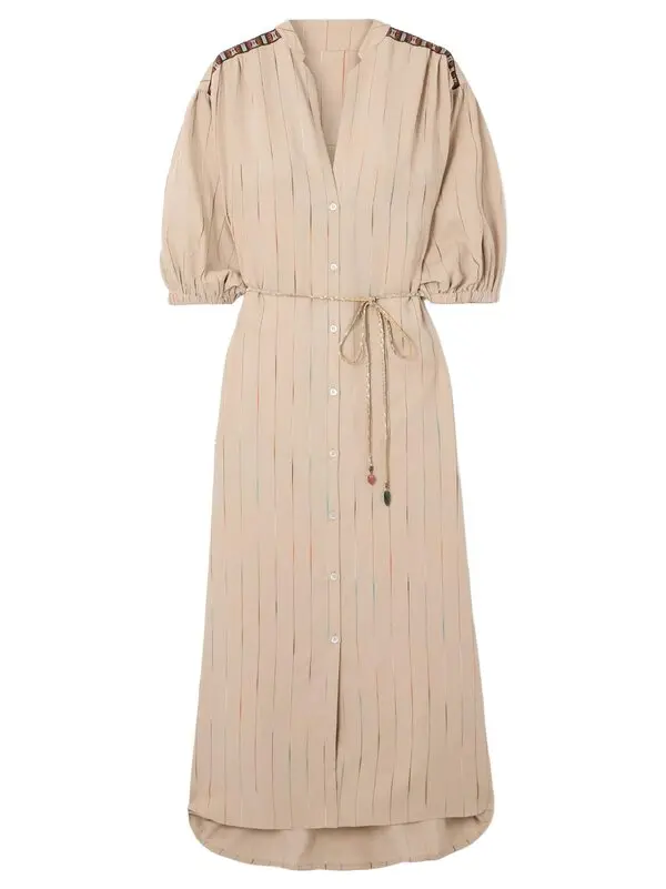 FORTELA Belted Appliquéd Embroidered Woven Midi Dress - Nude