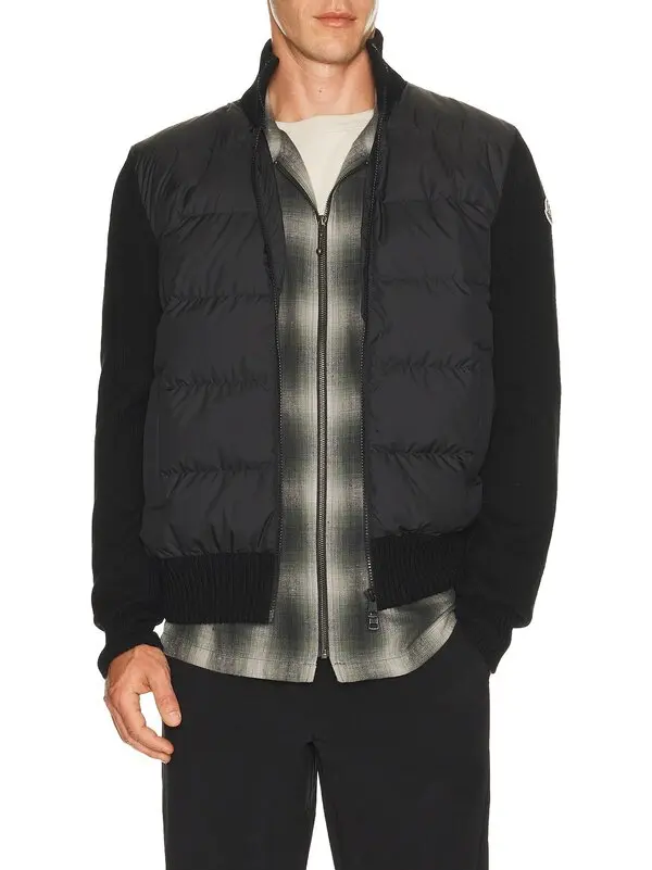Moncler Extrafine Wool Cardigan With Padded Front Panel - Black