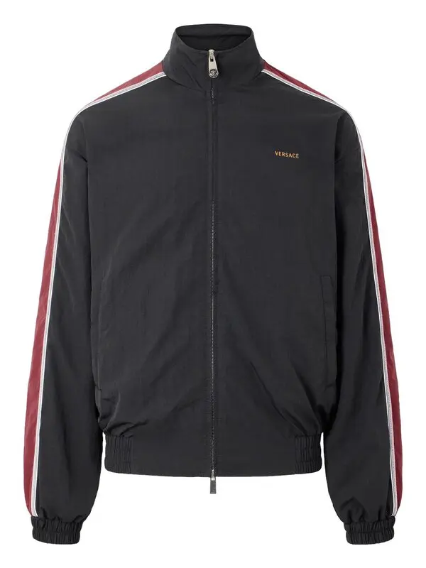 Versace Logo Embroidered Shell Jacket With Greca Motif - Black