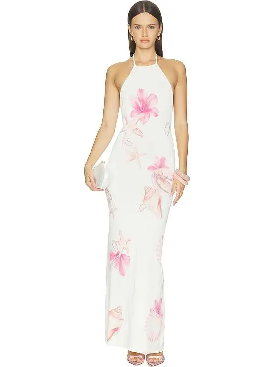 LOVERS AND FRIENDS Theia Floral Print Halter Maxi Dress In Ivory - Ivory Multi