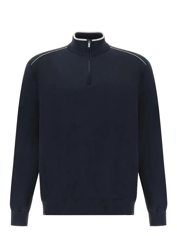Paul & Shark Half-zip Sweater In Cotton And Silk With Aqualeather Suede Details - Blue
