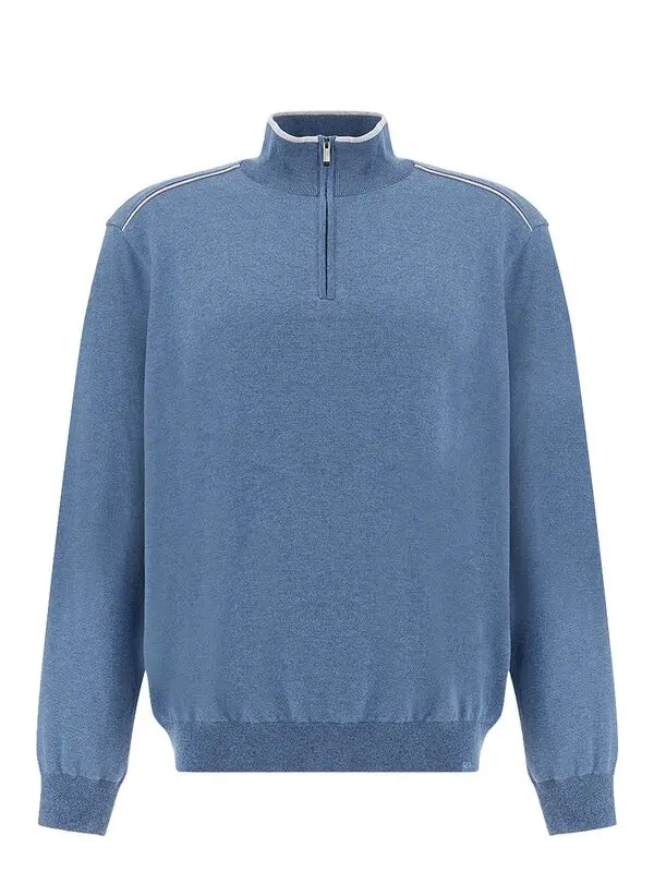 Paul & Shark Half-zip Sweater In Cotton And Silk With Aqualeather Suede Details - Colony Blue