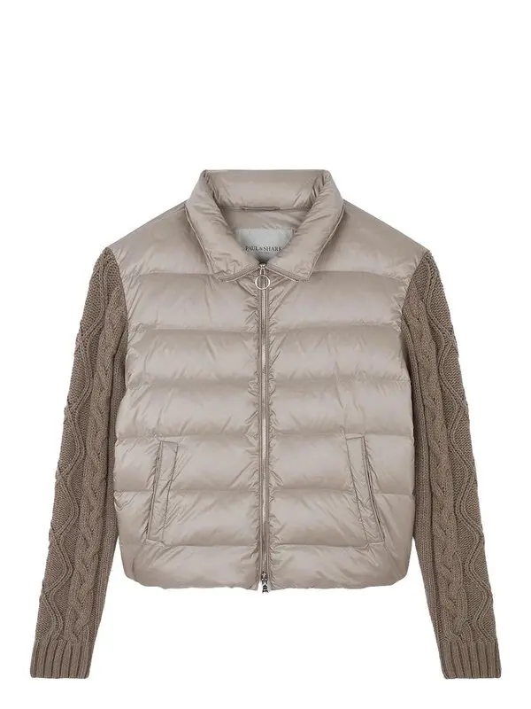 Paul & Shark Shiny Hybrid Down Jacket With Cable Knit Sleeves - Atmosphere Beige