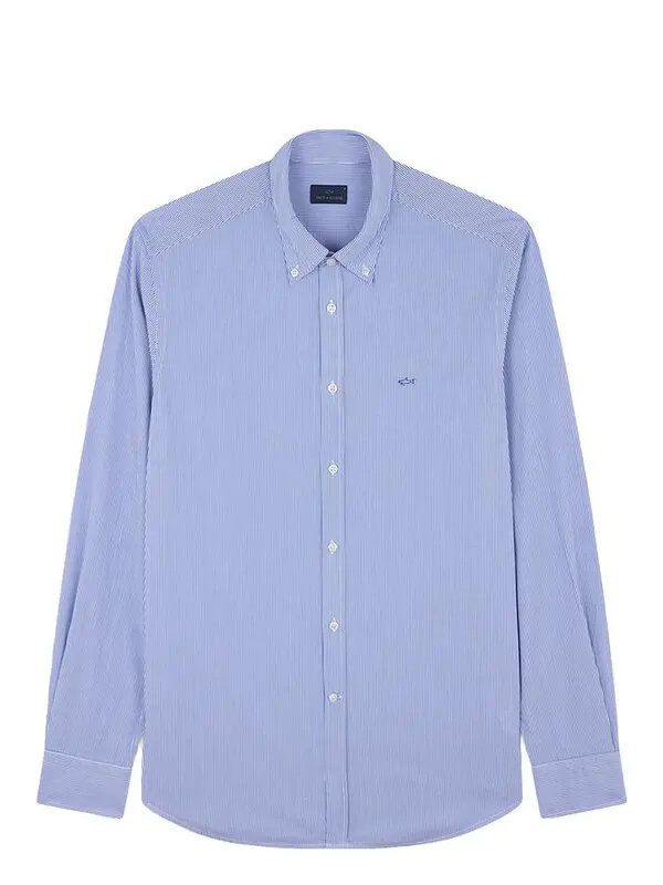 Paul & Shark Cotton Poplin Shirt With Shark Embroidery - Rows White Light Blu