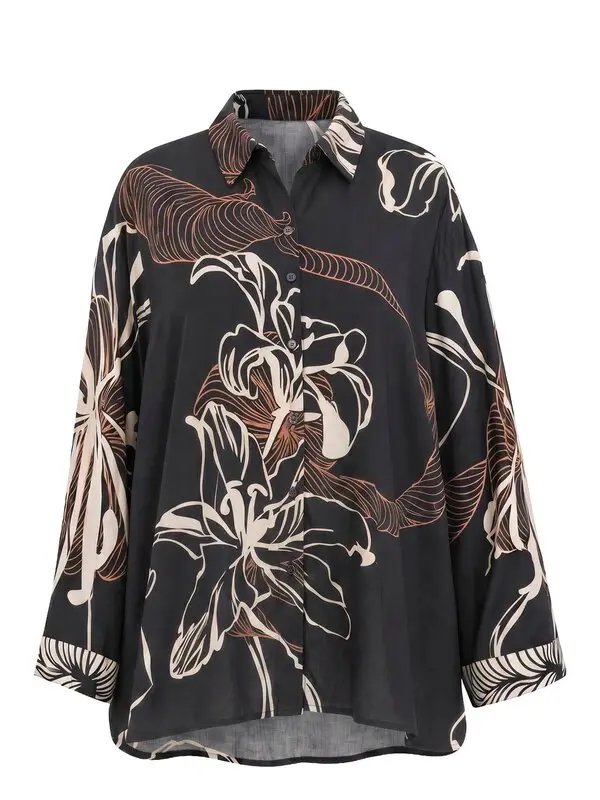 Adrift Clothing Jane Collared Shirt In Floral Terrain - Black