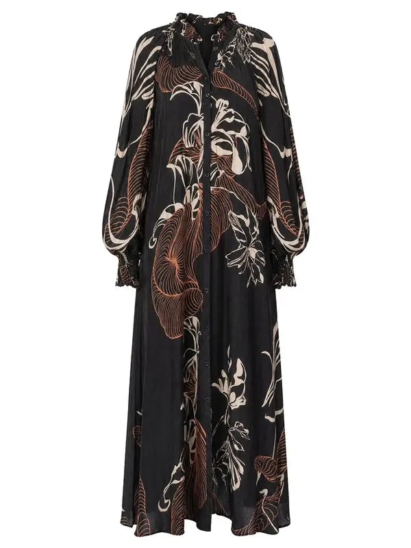 Adrift Clothing Gianna Shirred Floral Terrain Maxi Dress - Black