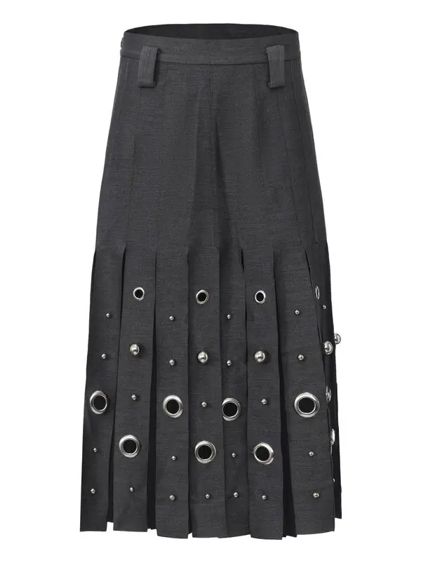 FRONT ROW SHOP Studded Layered Pleat Skirt Melange - Grey