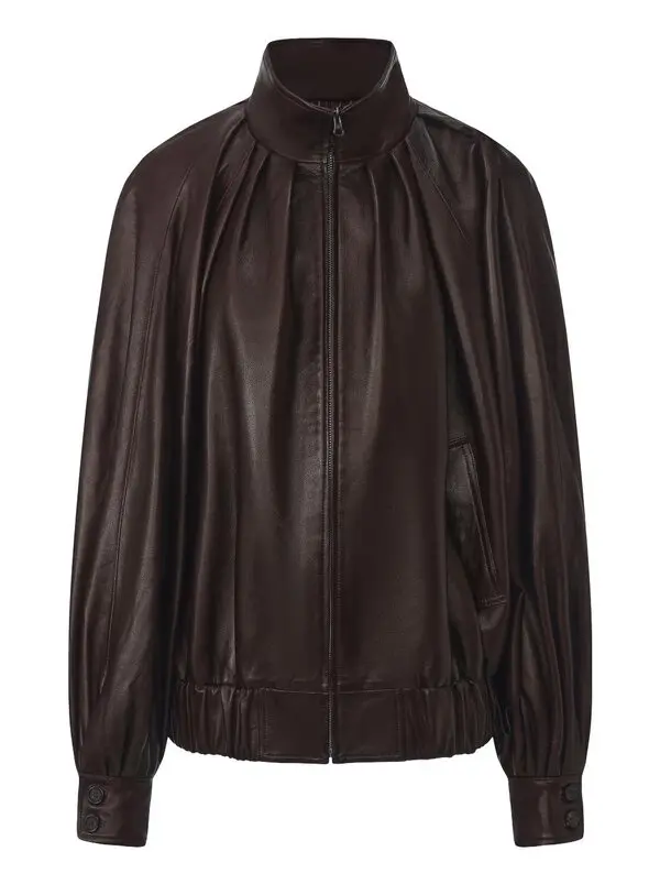 FRONT ROW SHOP Soft Pleated Balloon Leather Jacket - Brown