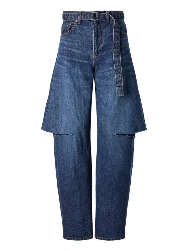 Sacai Belted Cut-out Wide-leg Jeans - Mid Denim