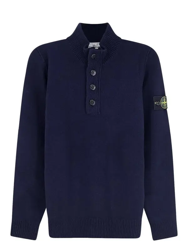 Stone Island Virgin Wool Blend High Neck Sweater With Button Closure And Logo Patch - Blue