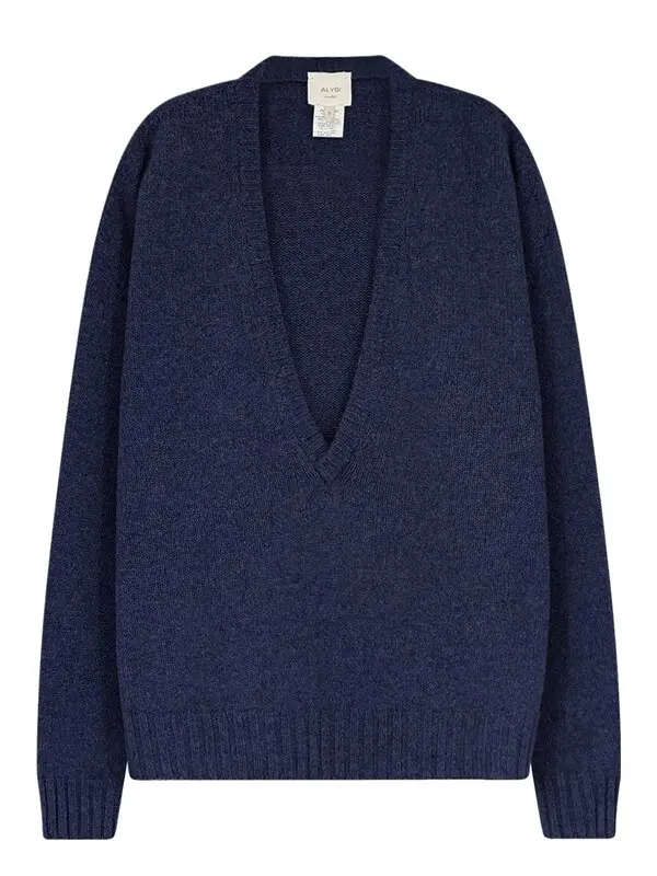 ALYSI V-neck Long Sleeve Wool Cashmere Blend Sweater - Blue