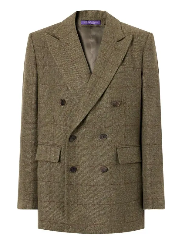 Ralph Lauren Ramona Double-breasted Windowpane Linen, Cashmere And Silk-blend Blazer - Green