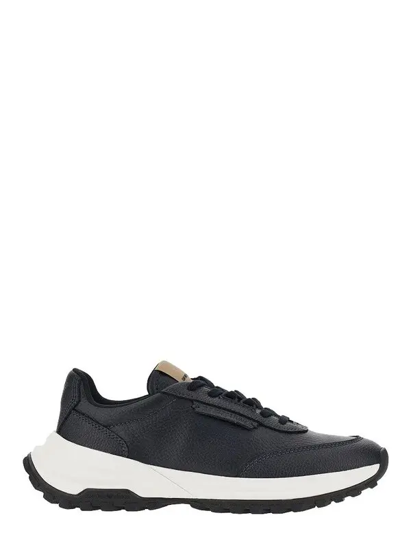 Emporio Armani Grained Leather Sneakers With Logo - Blue