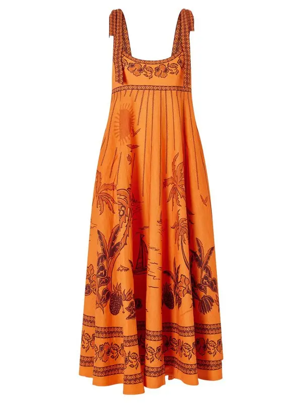 ALEMAIS Boathouse Ballet Printed Linen Midi Dress - Orange