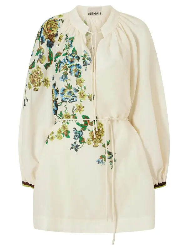 ALEMAIS Phyllis Flower-print Ramie Mini Dress - Neutrals