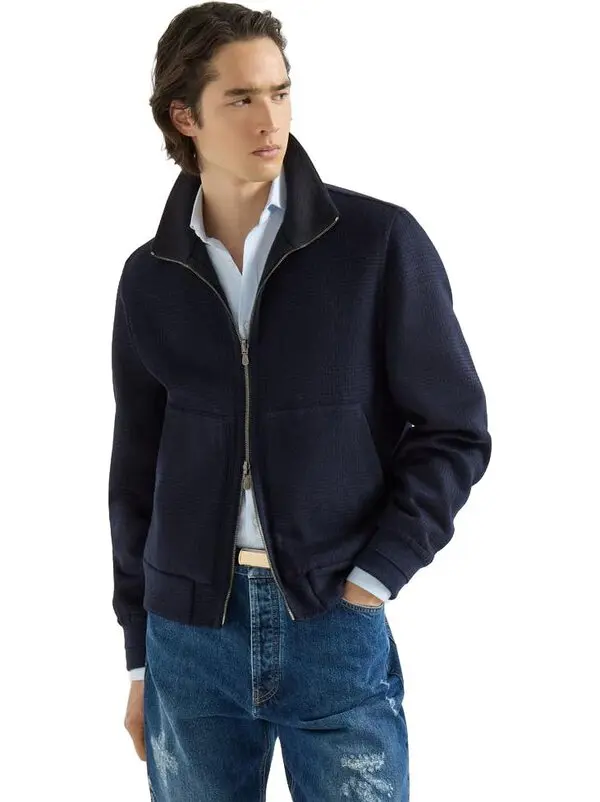 Brunello Cucinelli Hand-crafted Reversible Bomber Jacket In Prince Of Wales Flannel Double Cloth - Blue