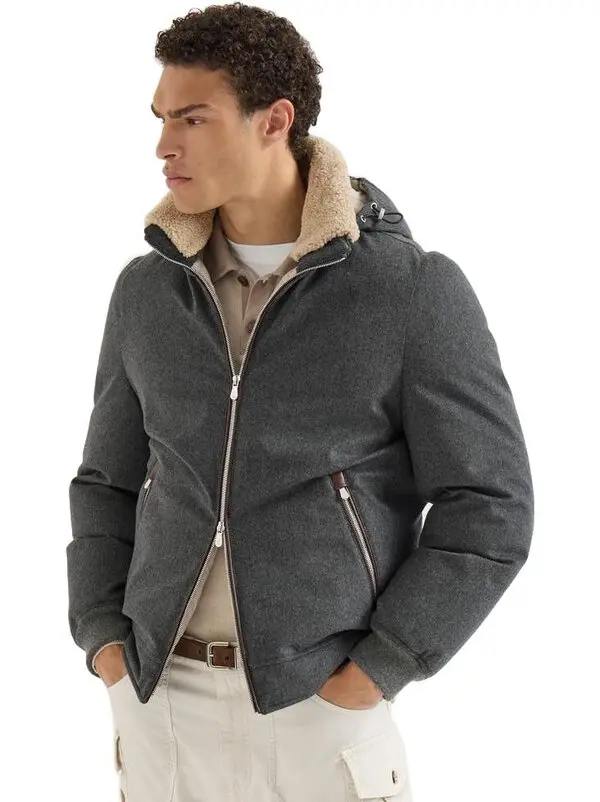 Brunello Cucinelli Bonded Wool Flannel Down Jacket With Detachable Hood - Dark Grey