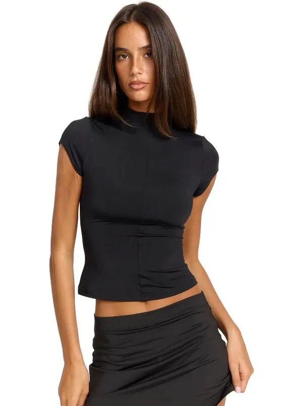 SASHA THERESE Iris High Neck Cap Sleeve Top - Black