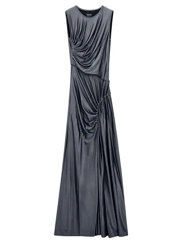 Giorgio Armani Long Dress In Jersey With Draping And Rhinestone Embroidery - Grey