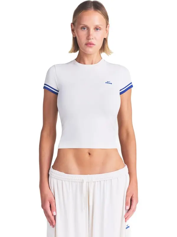 SKIMS Cropped T Shirt | Blue | Medium | Nike Stretch Knit - Ivory