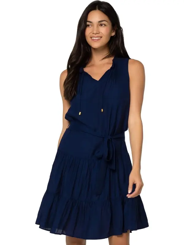 Helen Jon Sleeveless Tiered Midi Dress With Belt - Navy