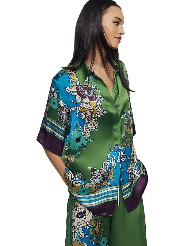 ALEMAIS Nanci Silk Shirt Top With Botanical Print - Green