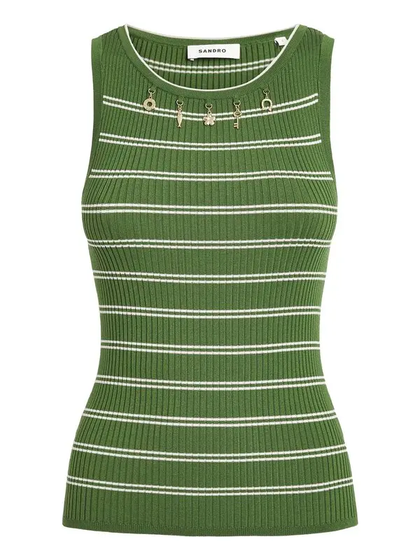 Sandro Striped Ribbed Tank Top With Charm Embellishments - Green