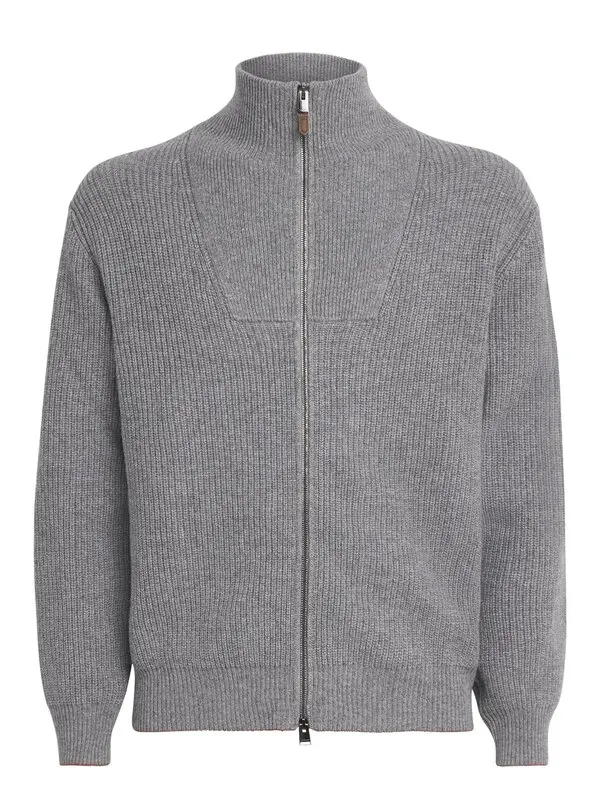 Canali Wool-cashmere High-neck Zip-up Cardigan - Grey