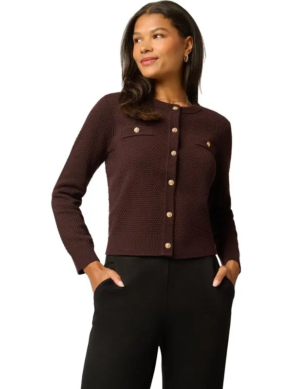 Adrianna Papell Long Sleeve Textured Knit Cardigan Sweater With Metallic Button Detail - Chocolate