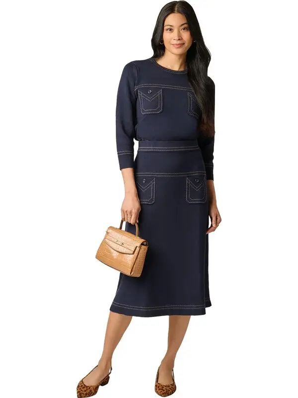 Adrianna Papell Contrast Stitch Knit Midi Skirt - Navy/khaki
