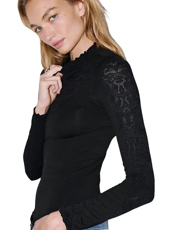 Free People Ribbed Mock Neck Top With Floral Lace Detail - Black