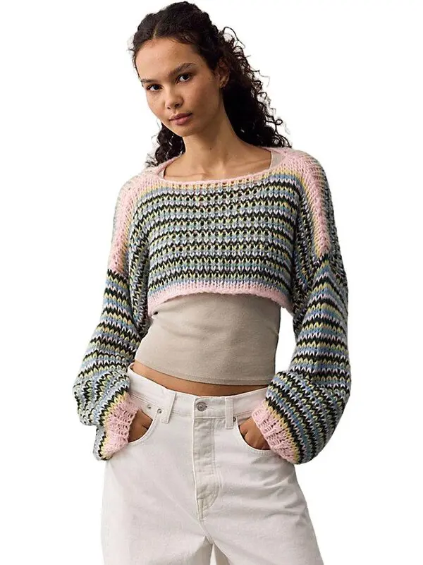 Free People Whimsy Bolero Striped Knit Cropped Sweater - Candy Combo