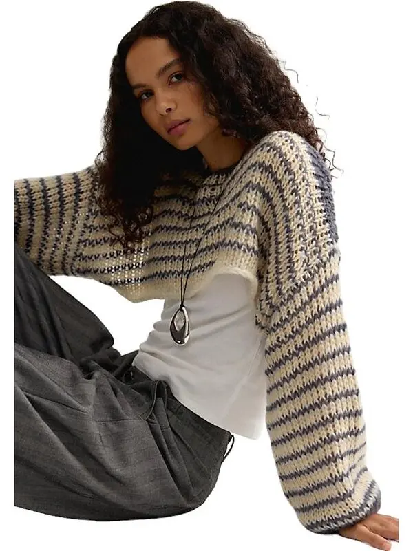 Free People Whimsy Bolero Striped Knit Cropped Sweater - Icicle Combo