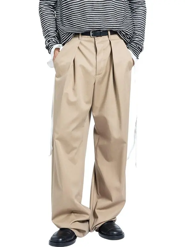 ANN DEMEULEMEESTER Wide Leg Pleated Sand Cotton Twill Trousers - Beige
