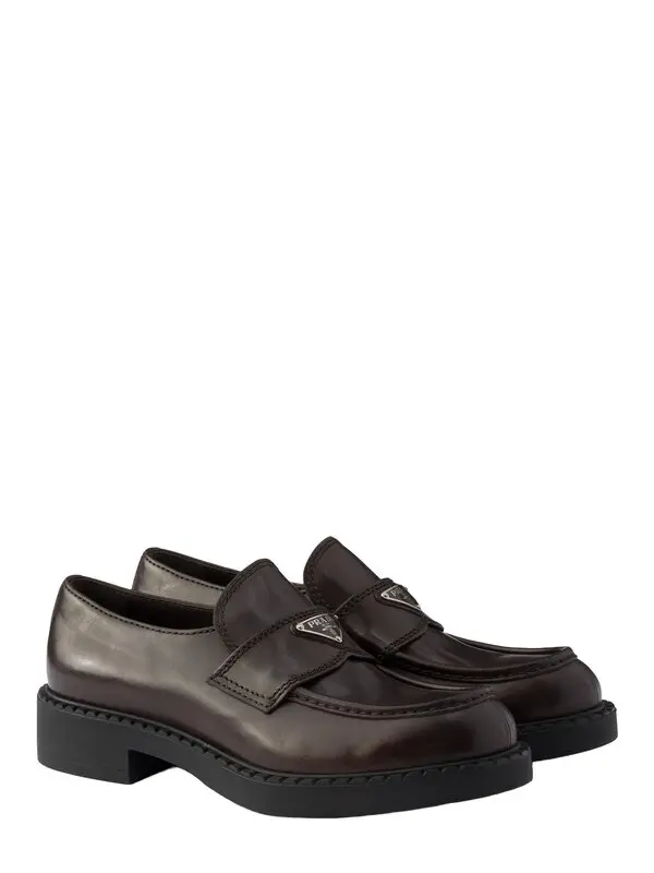 Prada Chocolate Aged Leather Loafers With Enameled Triangle Logo - Brown