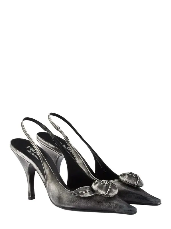 Prada Leather Slingback Pumps With Floral Appliqu - White