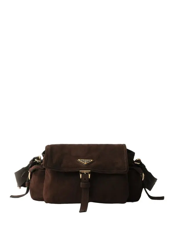 Prada Medium Suede Shoulder Bag With Flap - Brown