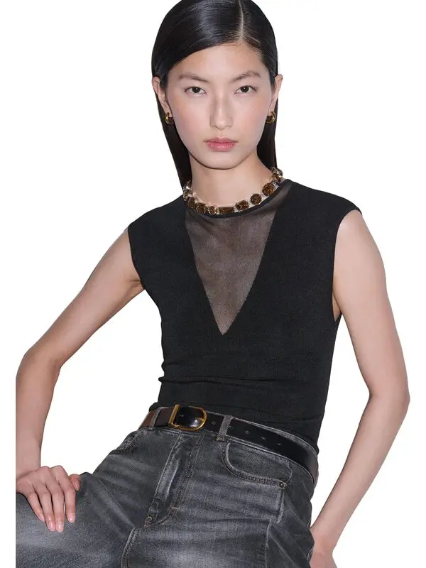 ME+EM Cap Sleeve Sheer Knit Bodysuit - Black