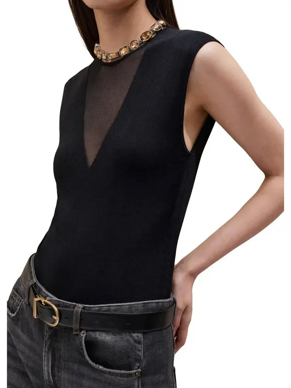 ME+EM Cap Sleeve Sheer Knit Bodysuit - Black