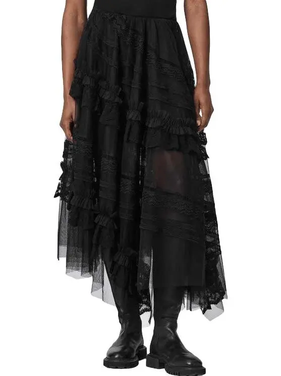 ALLSAINTS Jen Ruffle Lace Midi Skirt - Black