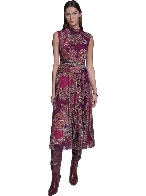 Halston Sleeveless Paisley Printed Mesh Dress - Deep Plum/berry Multi