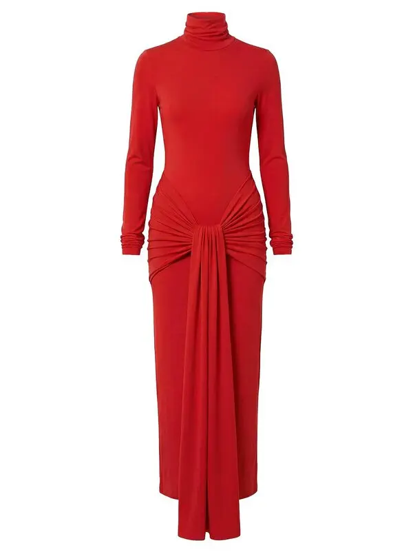 LOLAM Sculptural Draped High Neck Maxi Dress - Red