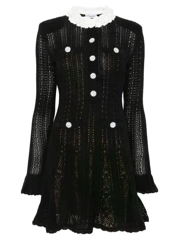 SELF-PORTRAIT Flower-trim Knit Mini Dress - Black