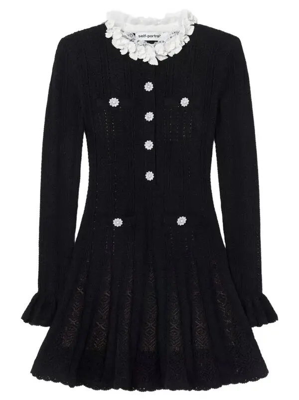 SELF-PORTRAIT Flower-trim Knit Mini Dress - Black