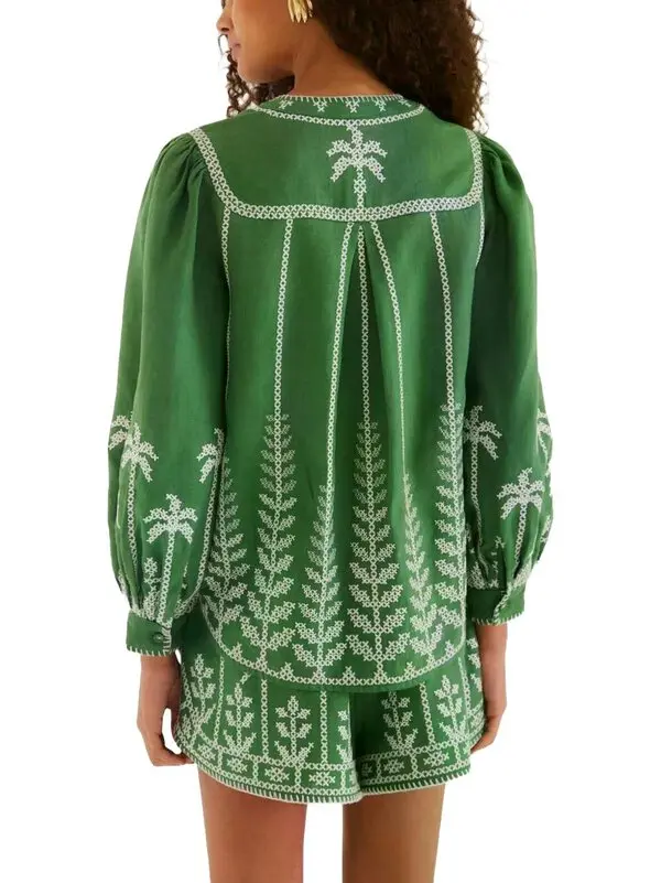 Farm Rio Bicolor Cross-stich Embroidery Blouse Long Sleeve - Green