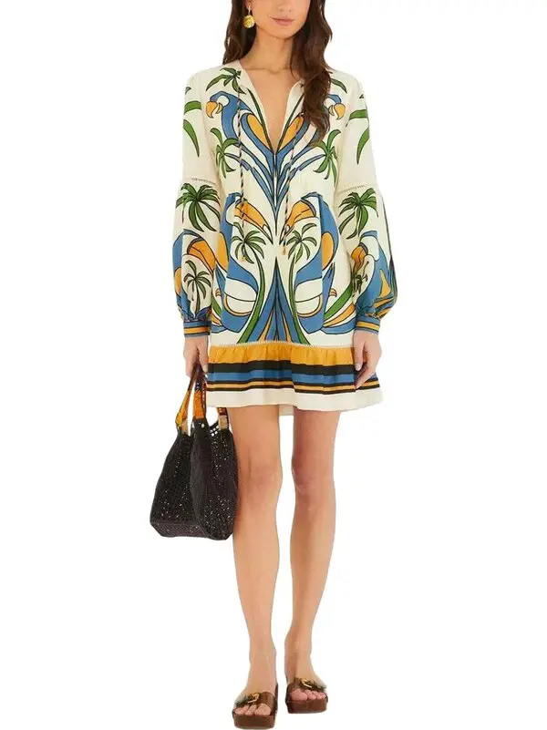 Farm Rio Sand Tropical Graphic Lace Ruffled Mini Dress - Neutrals