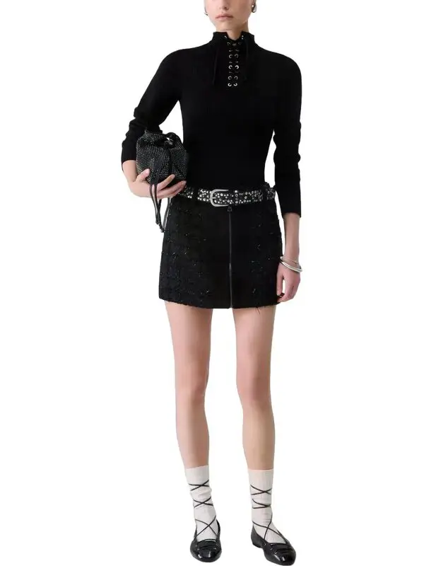 Liu Jo Ribbed Knit Lace-up Mock Neck Long Sleeve Sweater - Black