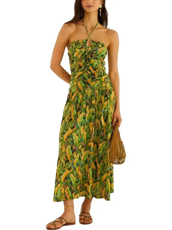 Farm Rio Forest Parrots Ruched-bodice Maxi Dress - Green