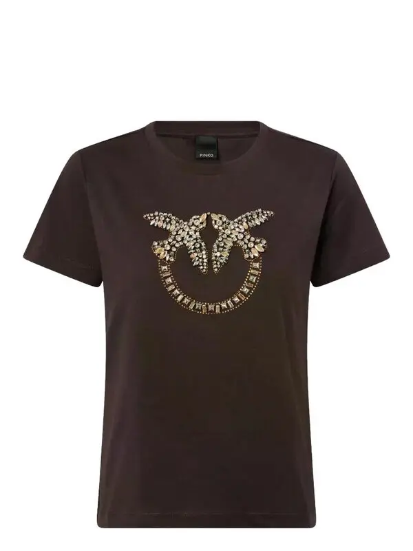 Pinko T-shirt With Love Birds Jewel Maxi Embroidery - Brown